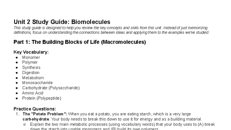 Unit 2 Study Guide: Biomolecules and Metabolic Processes - Studocu