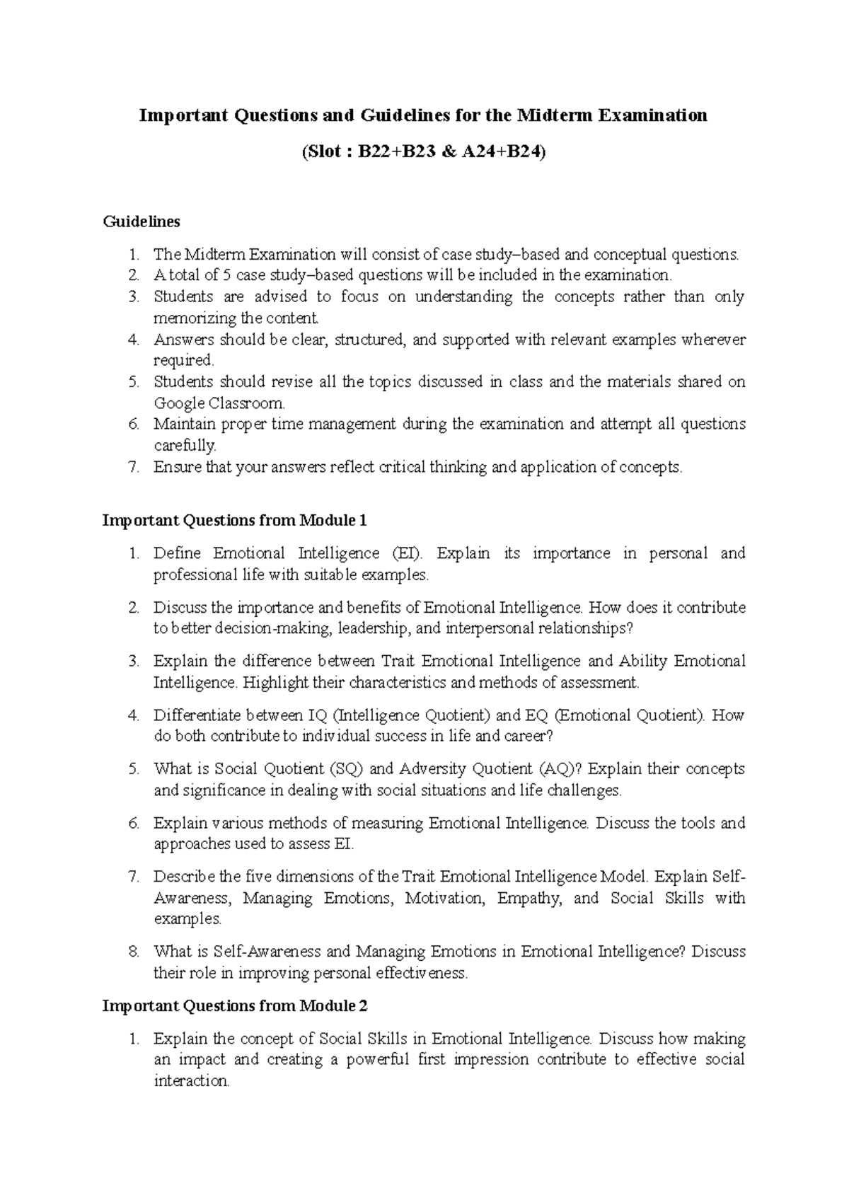 Midterm Exam Guidelines & Key Questions for EI (Course Code: EI101 ...