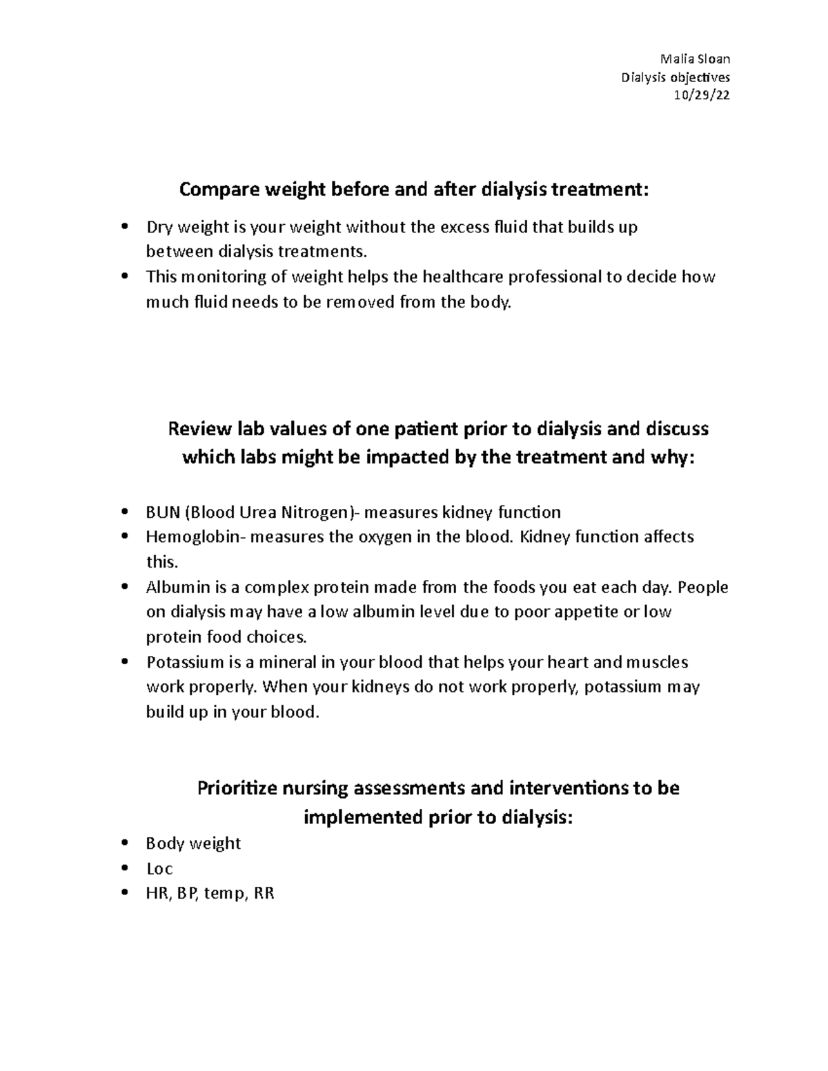 Nursing Notes on Dialysis Procedures and Patient Care Objectives - Studocu