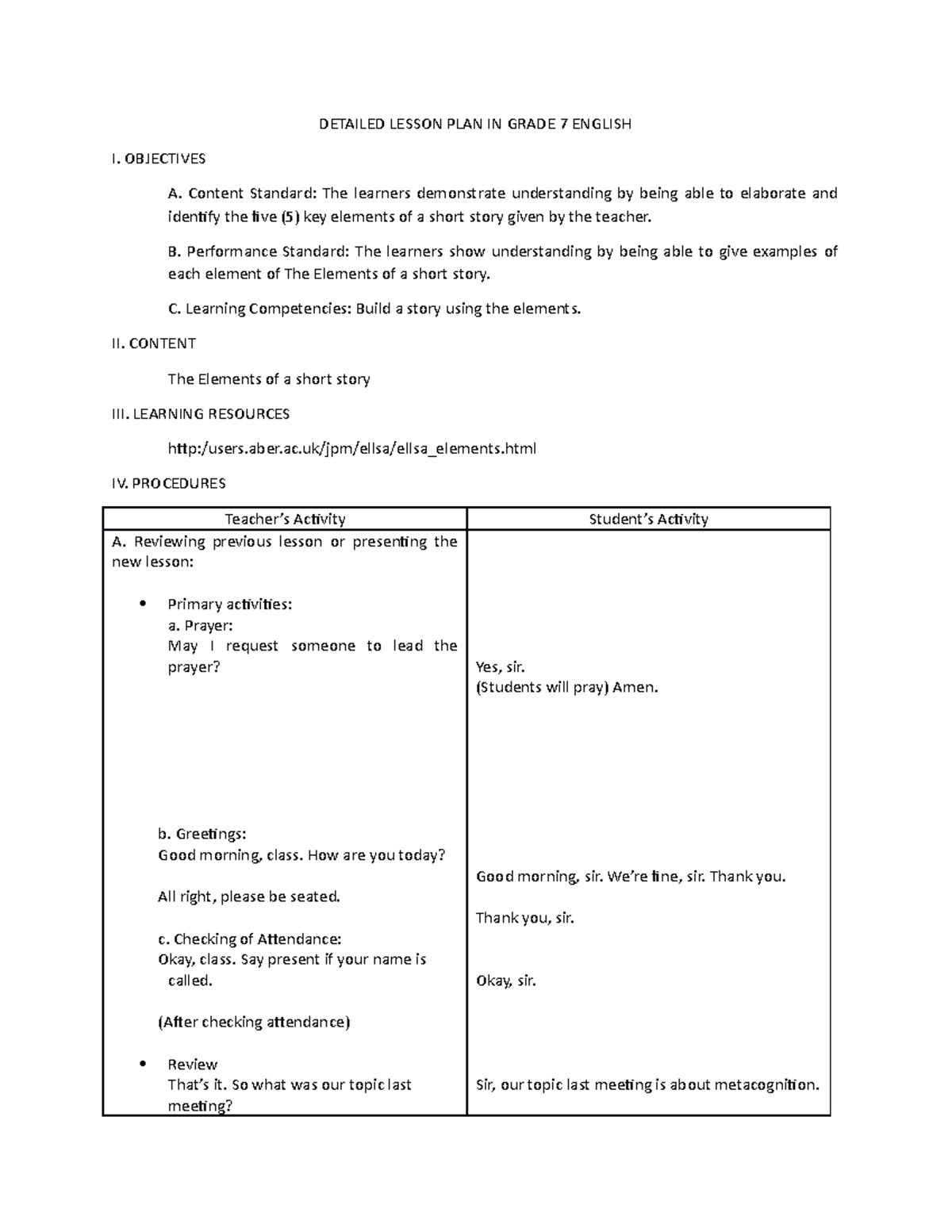 DLP: Lesson Plan on Elements of Short Stories for Grade 7 English - Studocu