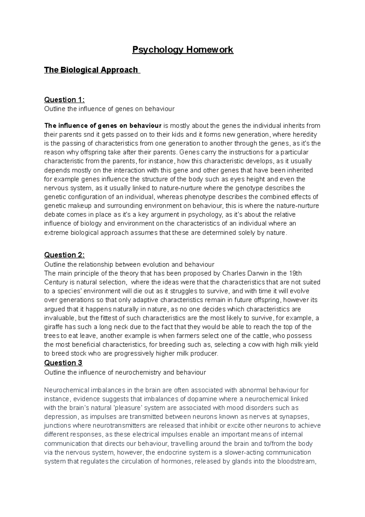 Psychology HW - Biological Approach & Gene Influence on Behavior - Studocu