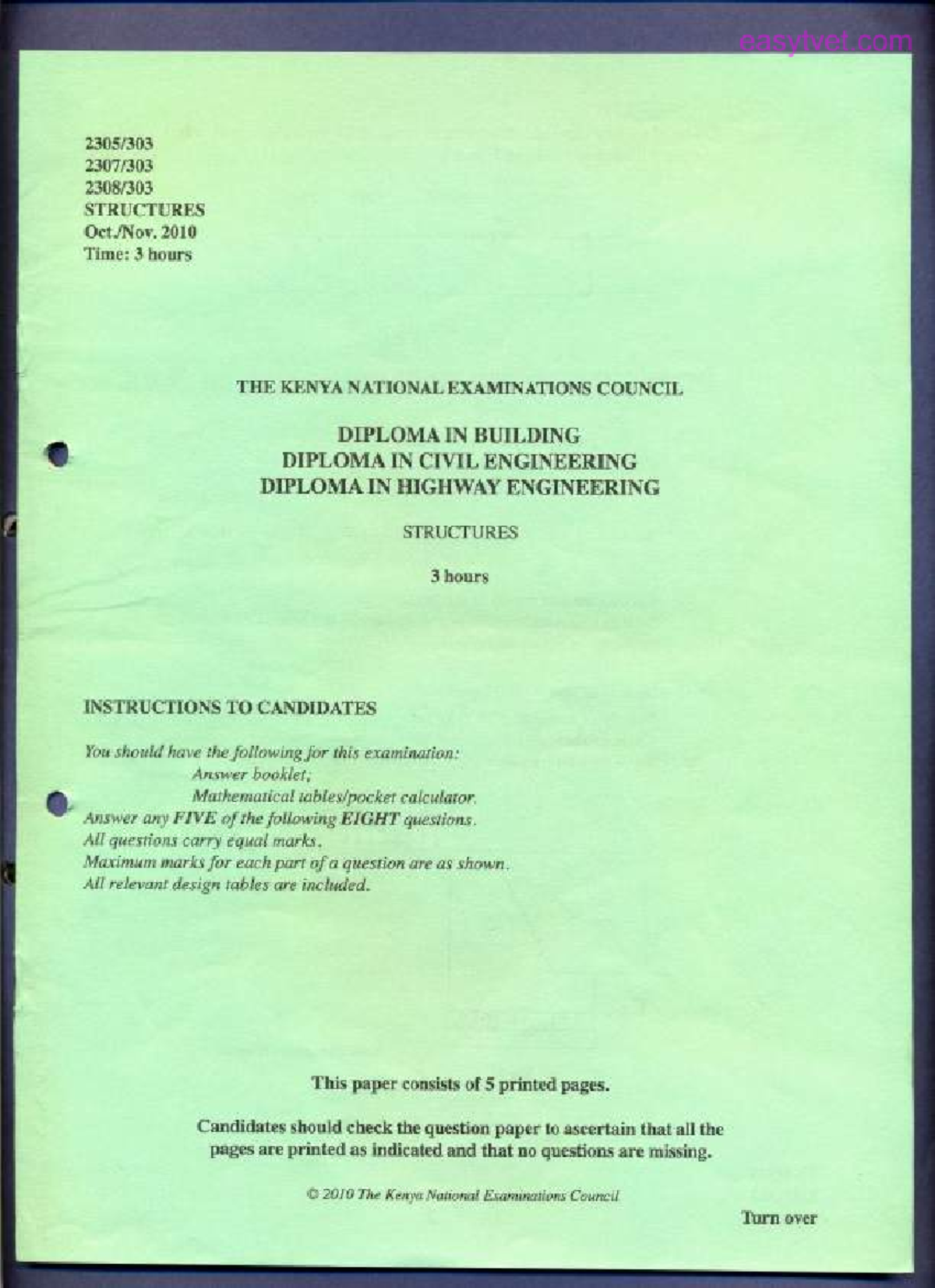 Structures 2010 Exam Paper - Diploma in Civil Engineering (Strc3) - Studocu