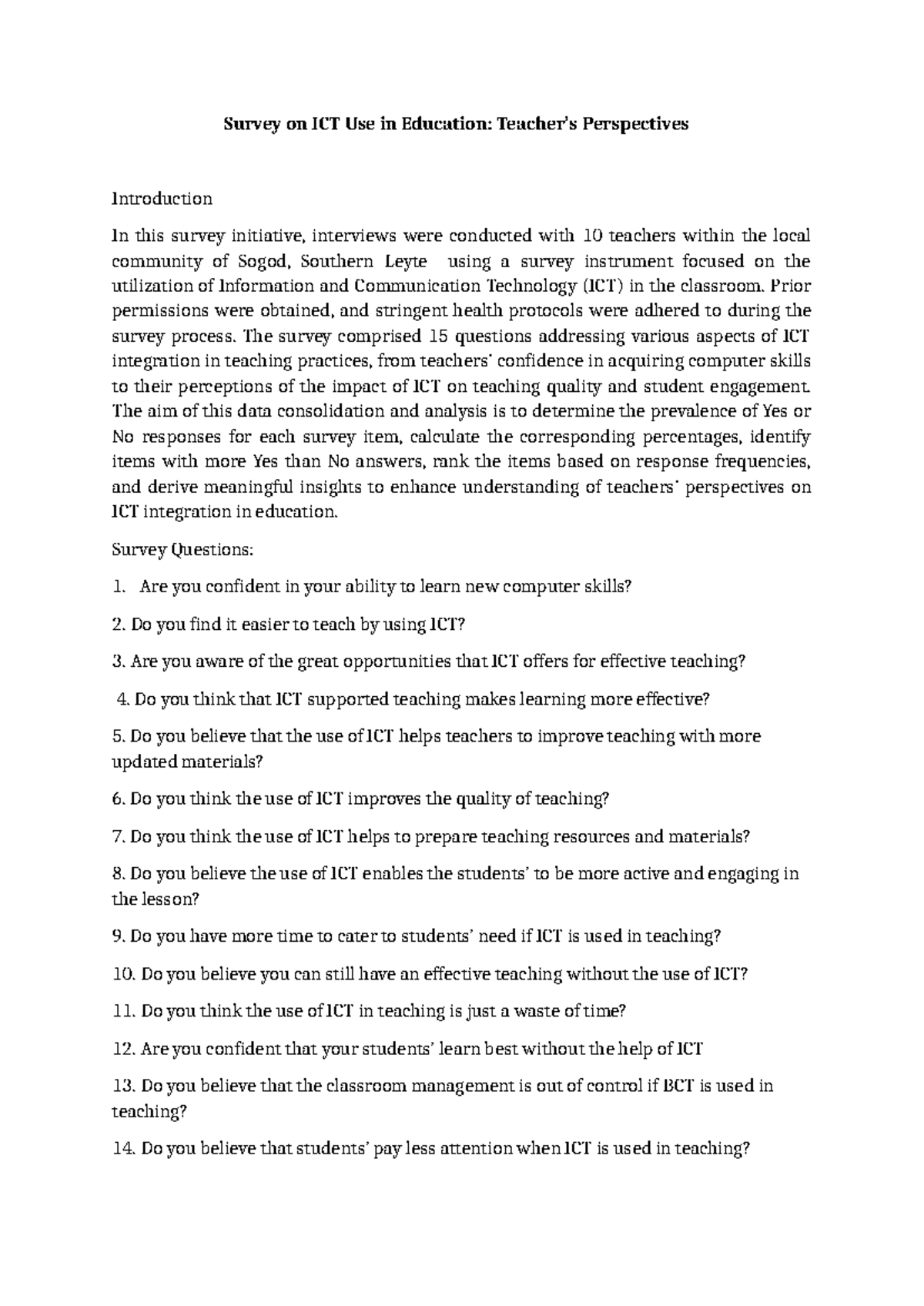 TTL Survey on ICT Utilization in Education: Teacher Perspectives - Studocu