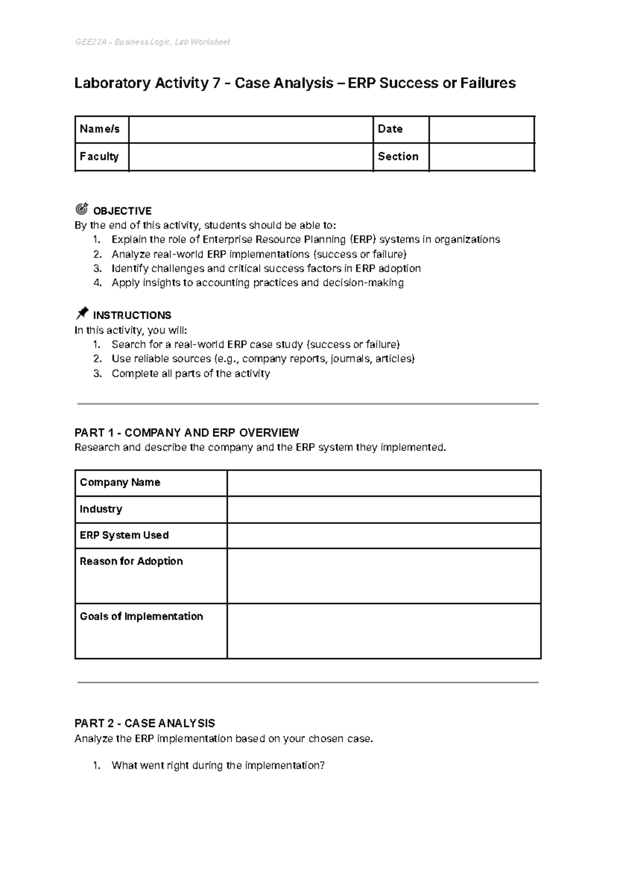 GEE22A Lab Worksheet: ERP Success & Failure Case Analysis - Studocu