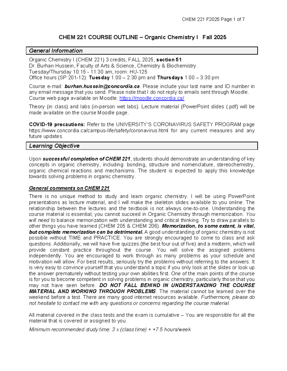 CHEM 221 F2025 Course Syllabus: Organic Chemistry I Overview - Studocu