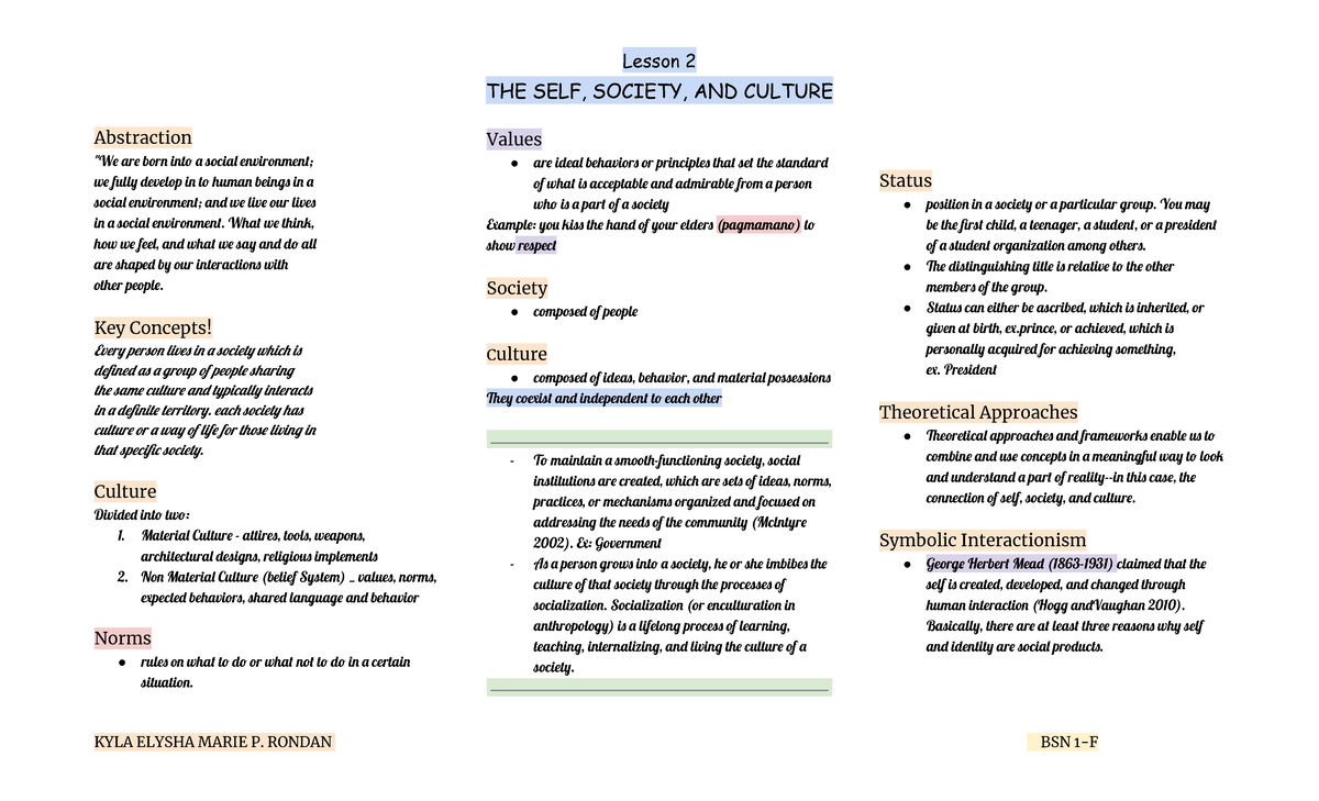 BSN UTS Lesson 2: The Self, Society, and Culture Insights - Studocu