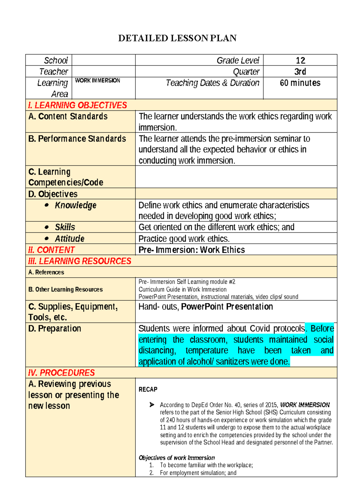 Work immersion lesson plan - DETAILED LESSON PLAN School Grade Level 12 ...