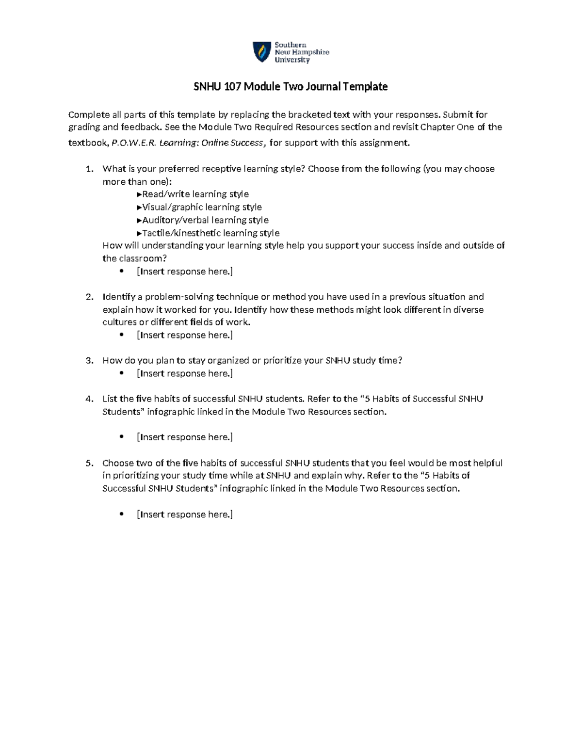 SNHU 107 Module Two Journal Template: Learning Styles & Success Habits ...