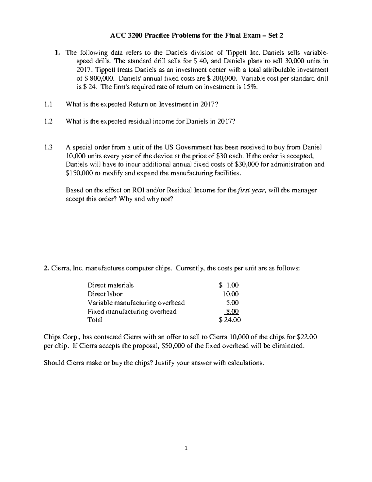 ACC 3200 Practice Final Exam Problems and Solutions Set 2 - Studocu