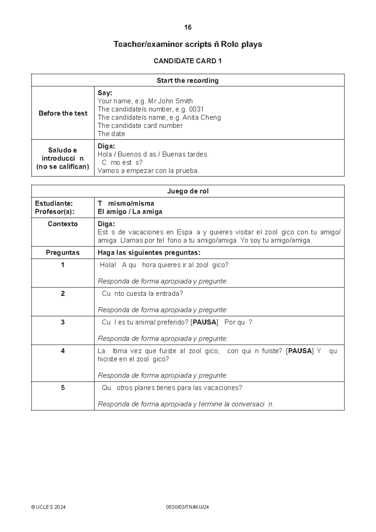 UCLES 2024 Role Plays and Topic Conversations Exercises for Spanish ...