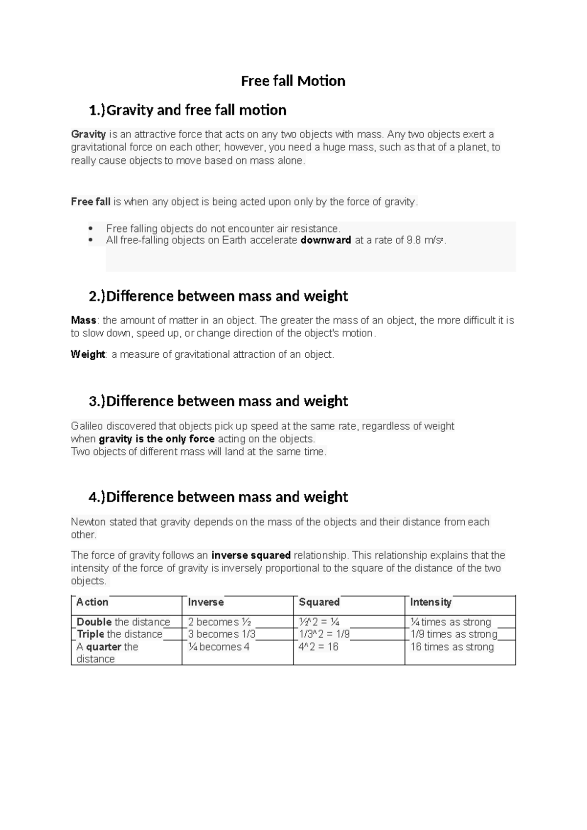 Free fall Motion 1 - Physics notes - Free fall Motion 1.)Gravity and ...