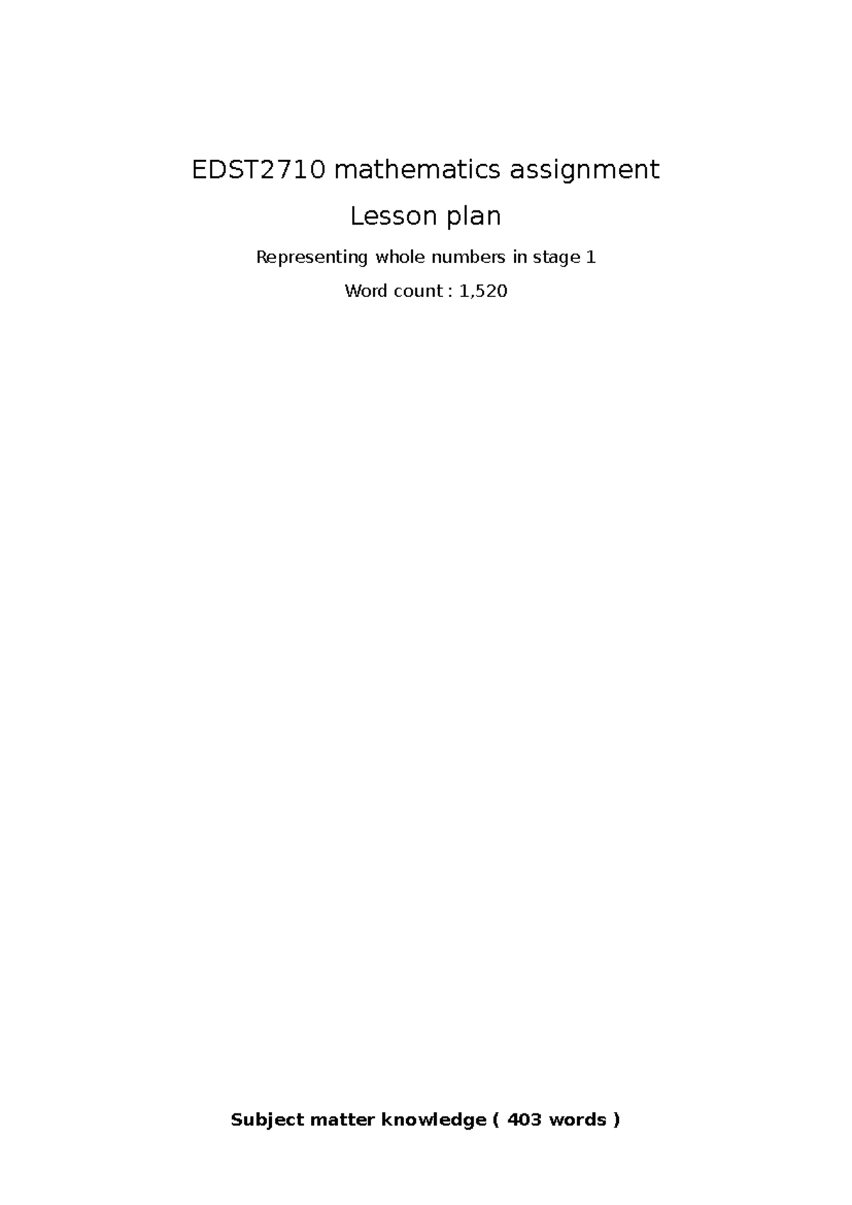 EDST2710 Mathematics Assignment: Lesson Plan on Whole Numbers in Stage ...