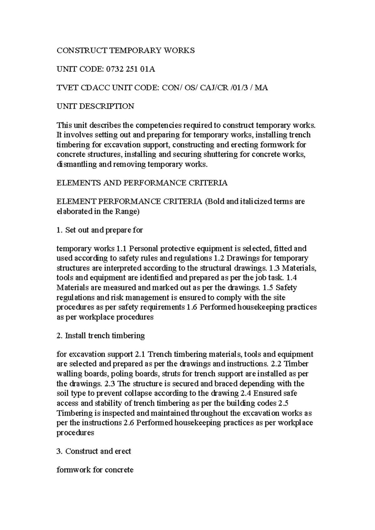 Construct Temporary Works Unit Code: 0732 251 01A Learning Outcomes - Studocu