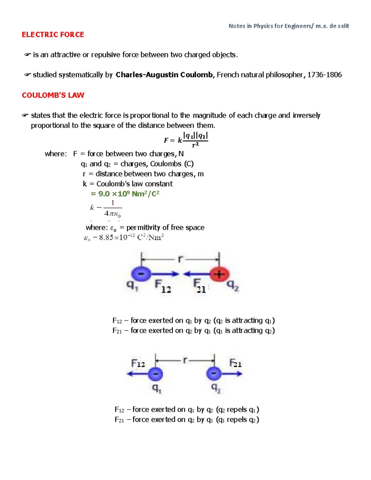 Physics Notes: Electric Force & Superposition (M.A. de Salit) - Studocu