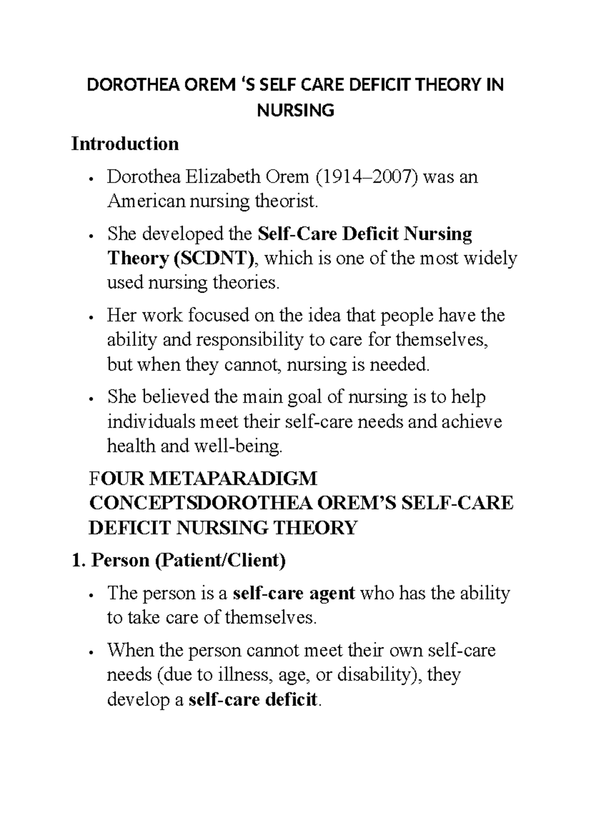 Dorothea OREM Self-Care Deficit Theory in Nursing (NURS 101) - Studocu