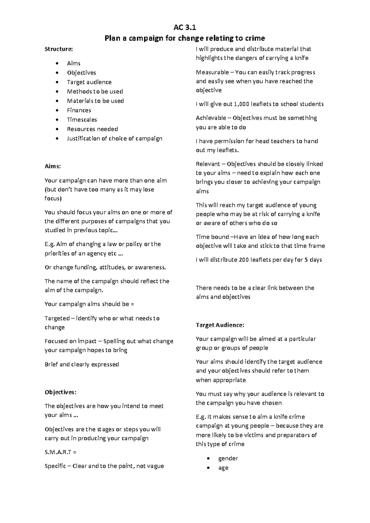 AC 3.1 Campaign Plan for Change: Addressing Knife Crime - Studocu