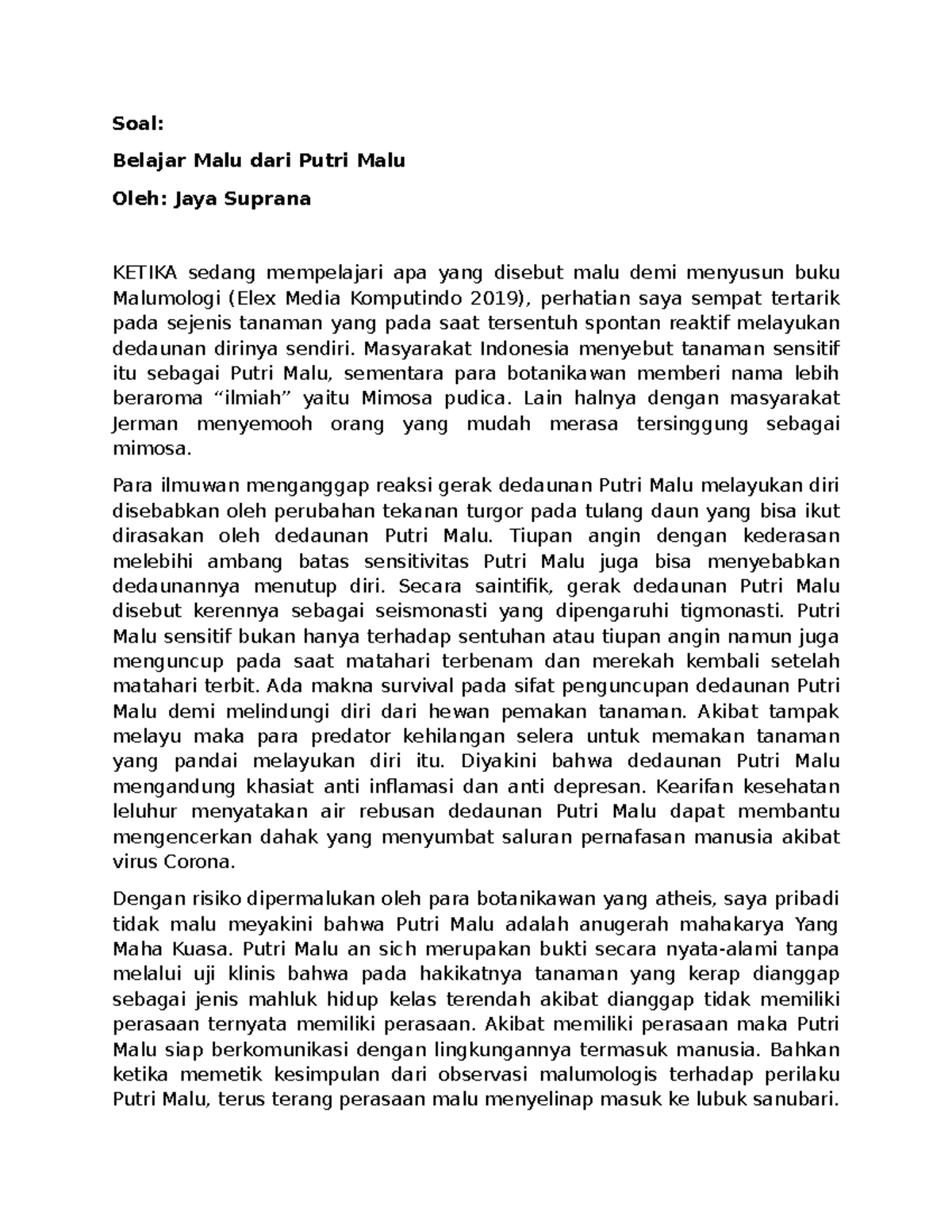 Diskusi 1: Belajar Malu dari Tanaman Putri Malu (KETIKA) - Studocu