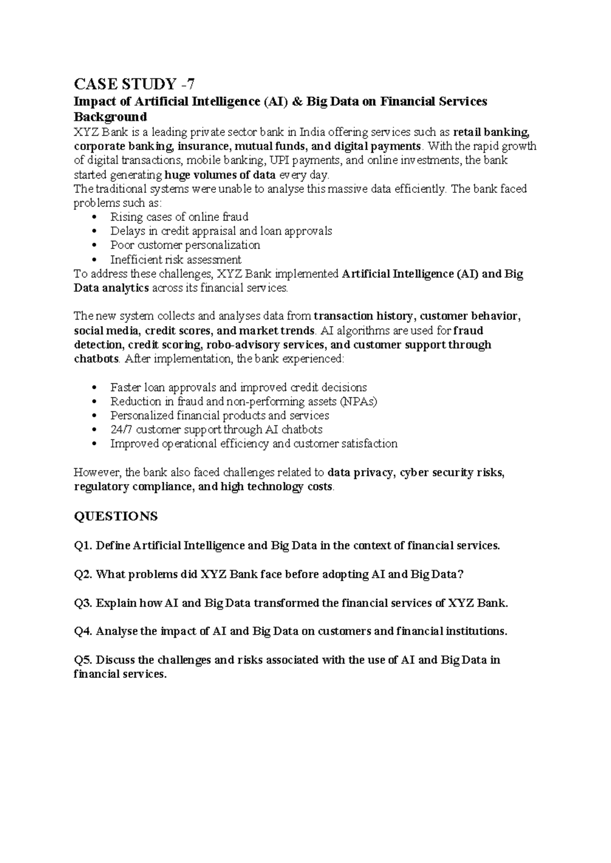 CASE STUDY: AI & Big Data Impact on Financial Services at XYZ Bank - Studocu