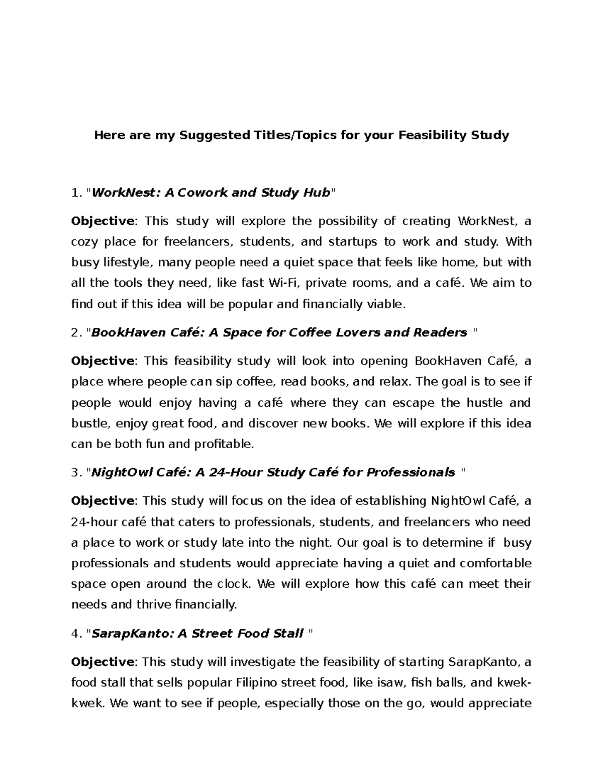 Feasibility Study Title Suggestions for Diverse Food and Café Concepts ...