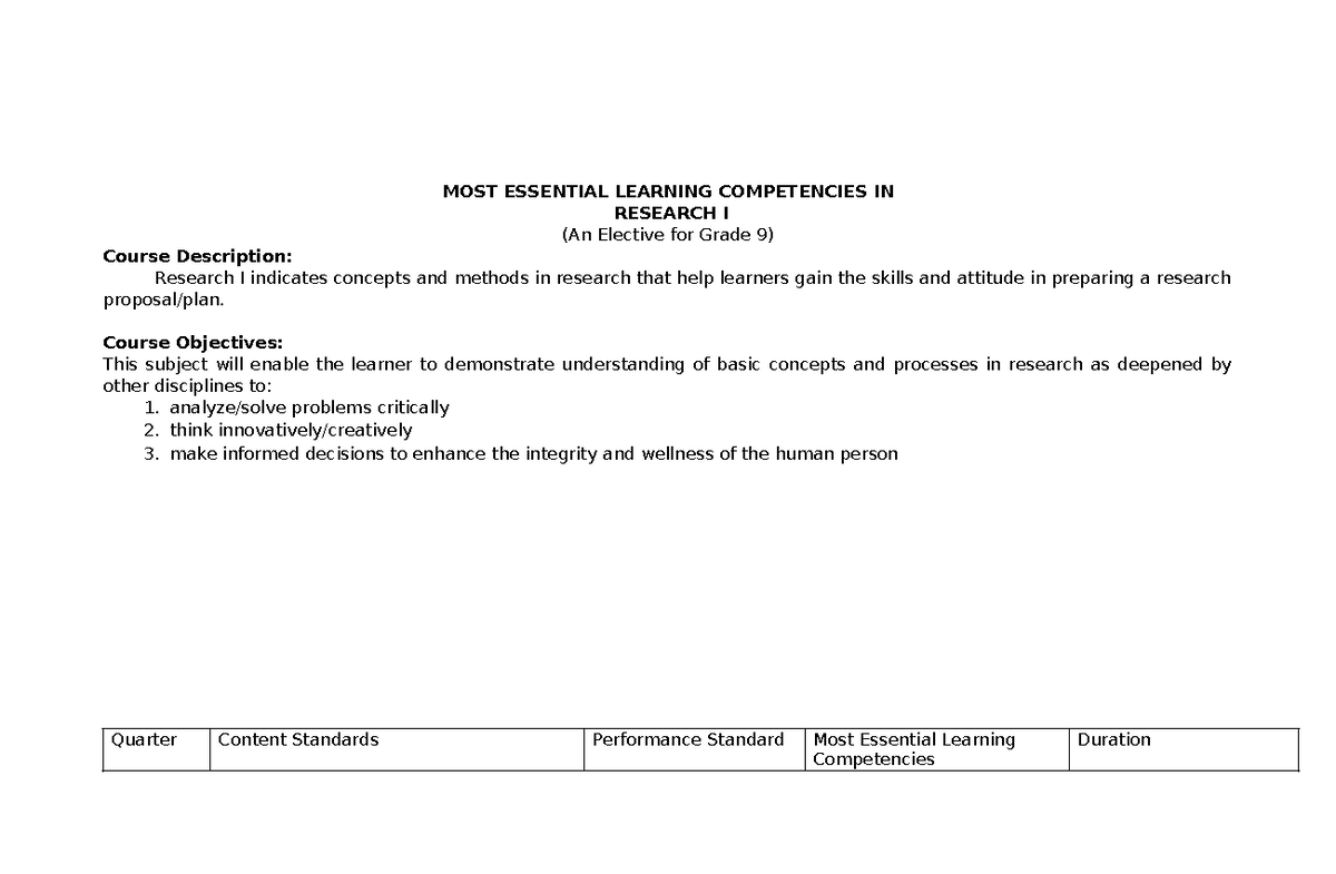 Research I Course Outline for Grade 9 Elective: Learning Competencies ...