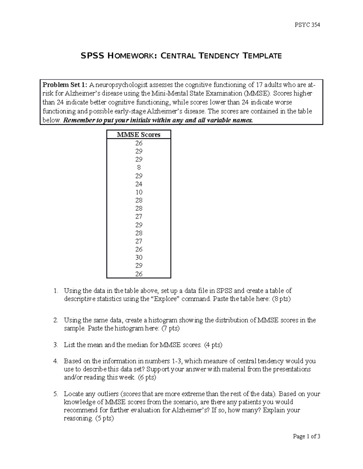 PSYC 354 SPSS Homework on Central Tendency and Descriptive Stats - Studocu