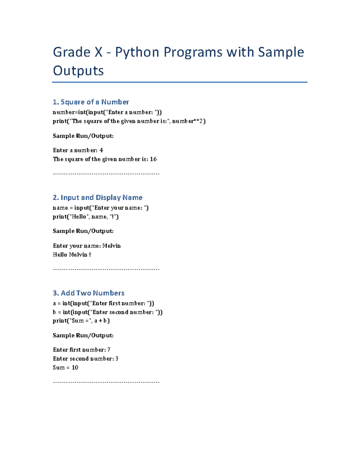 Grade X Python Programs: Sample Outputs & Explanations - Studocu