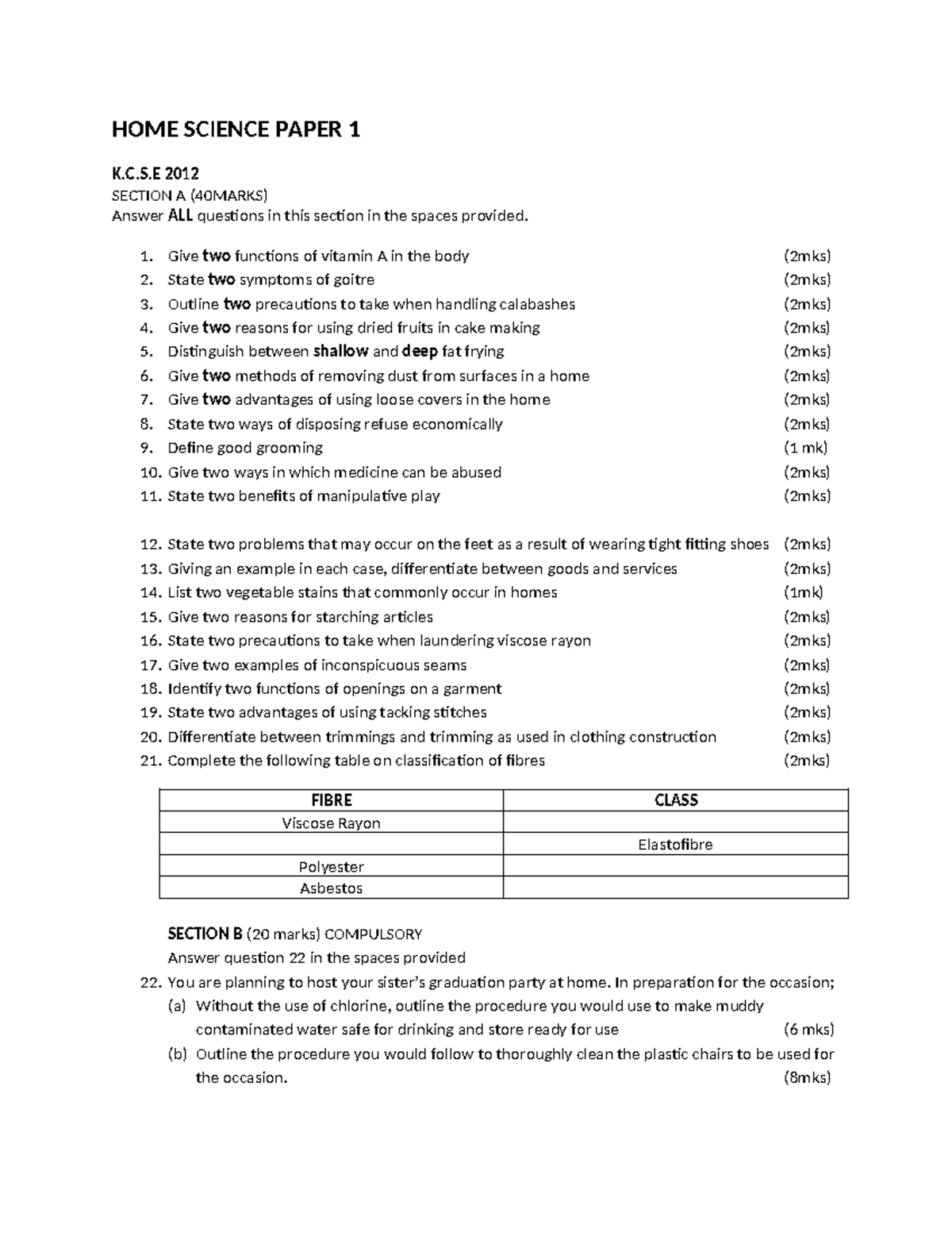 K.C.S.E Home Science Paper 1 Past Exam Questions and Answers - Studocu