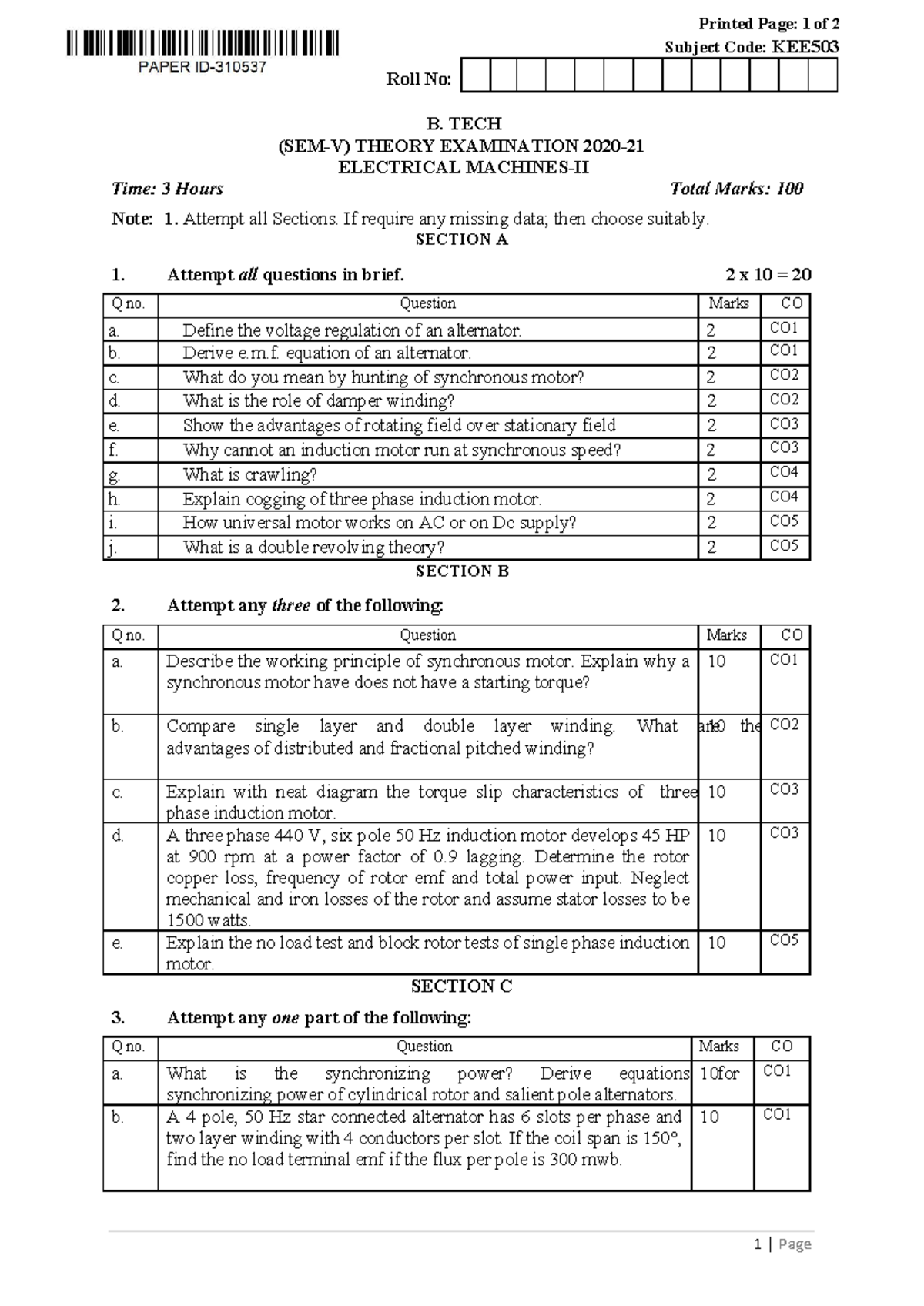 B Tech Ee 5 Sem Electrical Machines Ii Kee503 Exam Paper 2021 Studocu