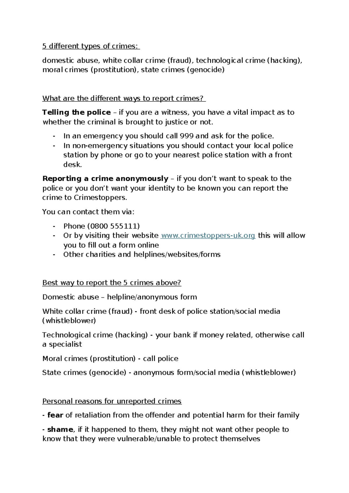 Reporting Crimes: Types, Reasons, and Methods - Unit 1 Help - Studocu