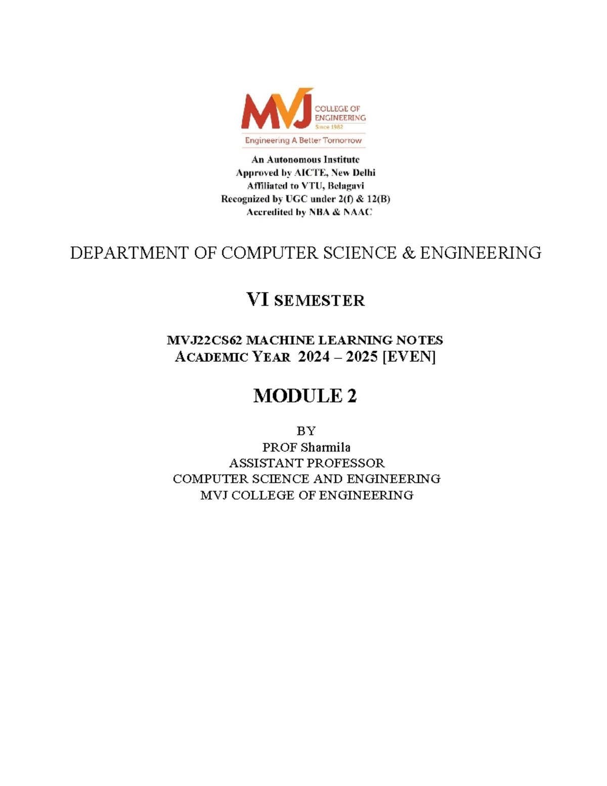 Machine learning notes for module 2 - MVJ22CS62 - Studocu