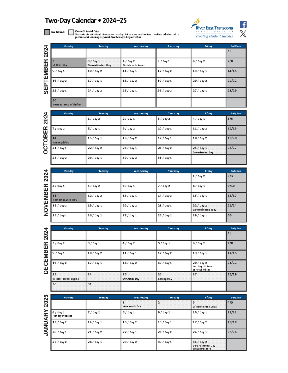 Retsd 2 day calendar 2024 25 - Co-ordinated Day Students do not attend ...