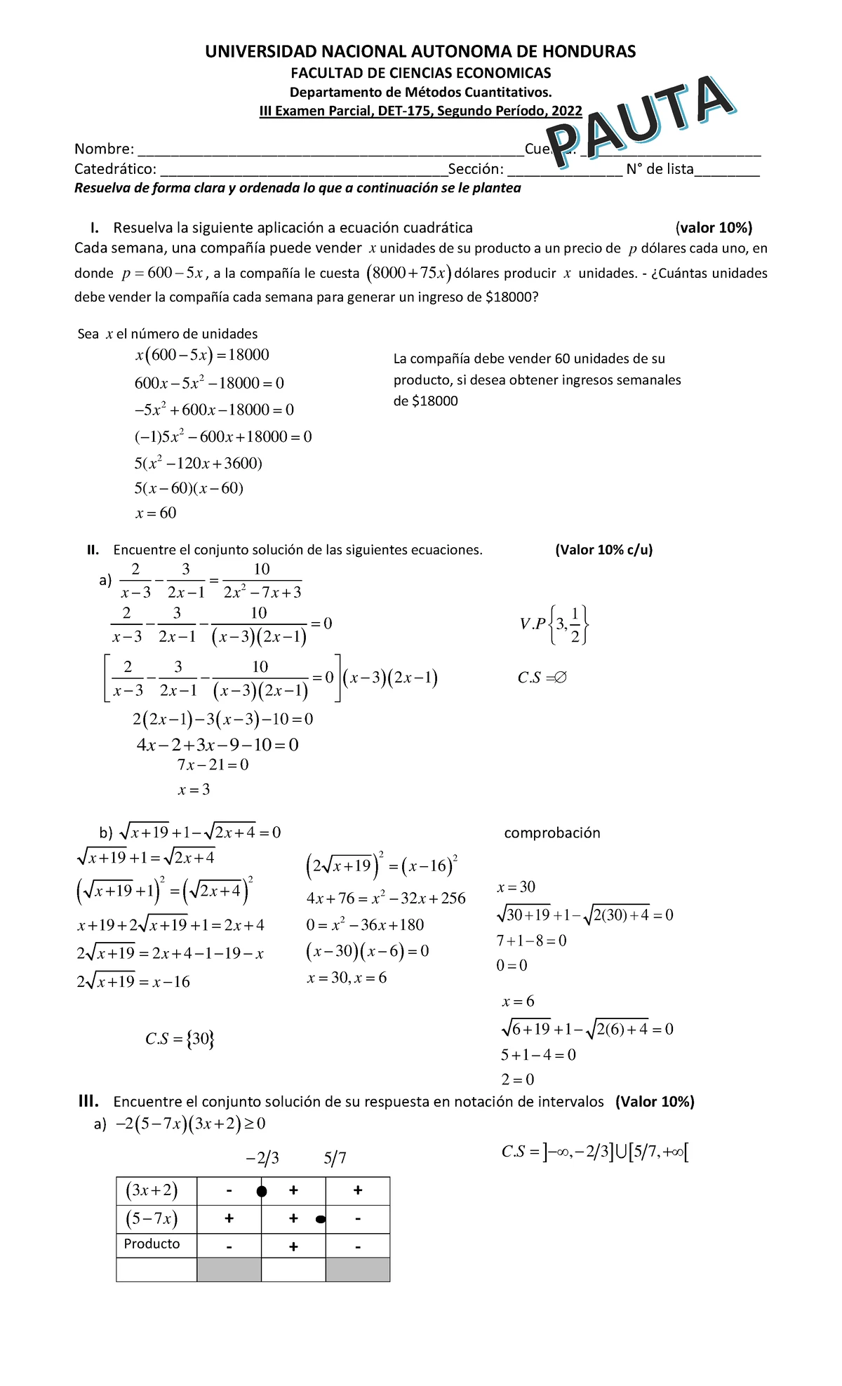 Métodos Cuantitativos I - Pauta Examen Primer Parcial 2025 - Studocu