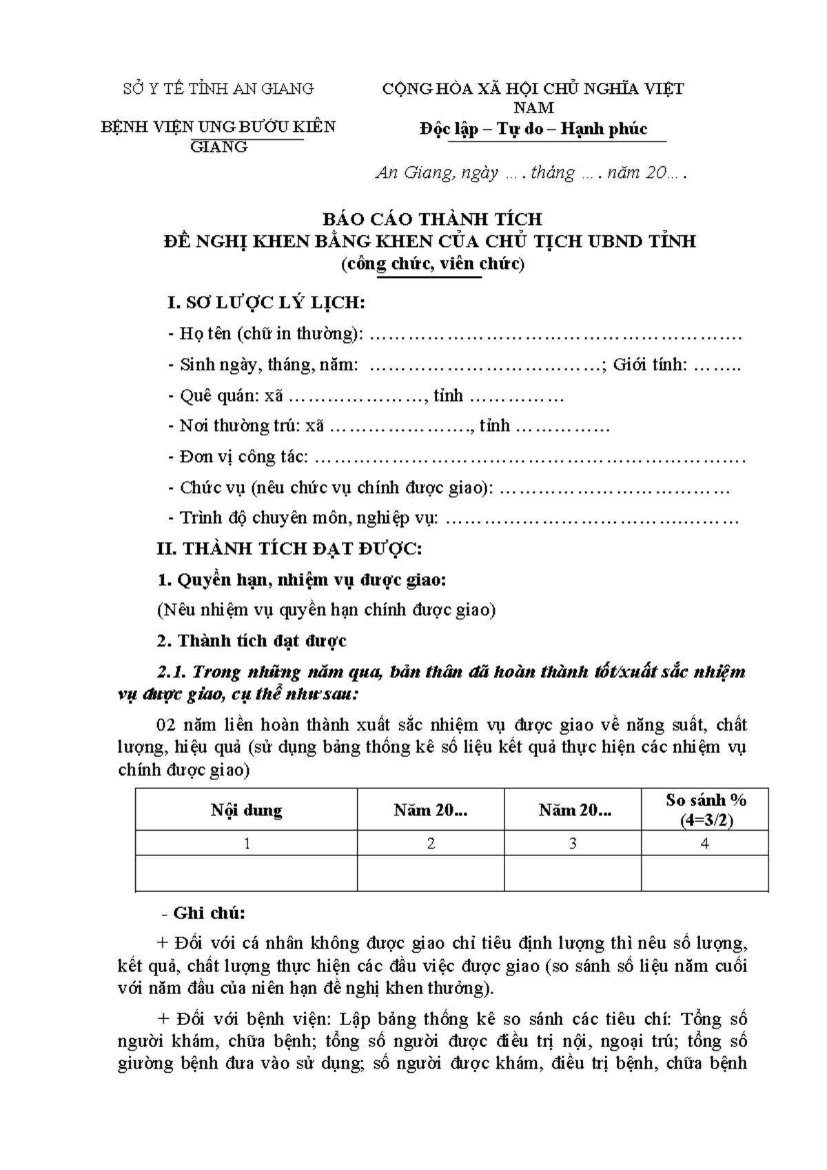 BÁO CÁO THÀNH TÍCH ĐỀ NGHỊ KHEN THƯỞNG UBND TỈNH AN GIANG - Studocu