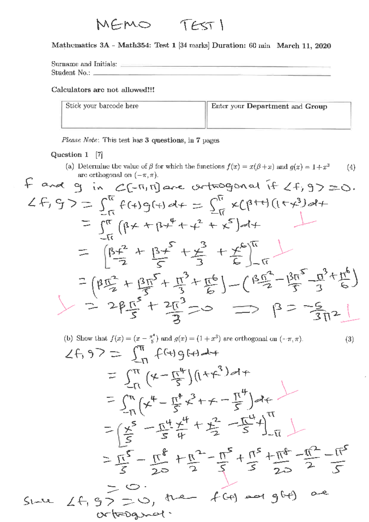 Test 1 2020 - Memo - PRAC - MEMO TEST I Mathematics 3A Math354: Test 1 ...