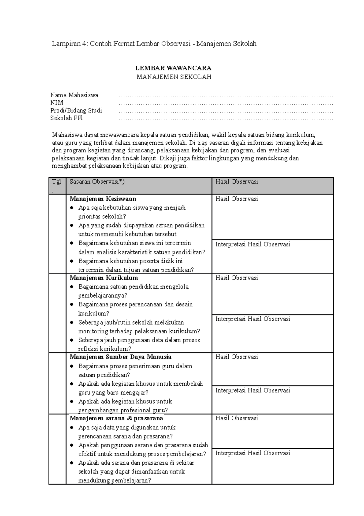 Lampiran 4 - Contoh Format Lembar Observasi Manajemen Sekolah ...