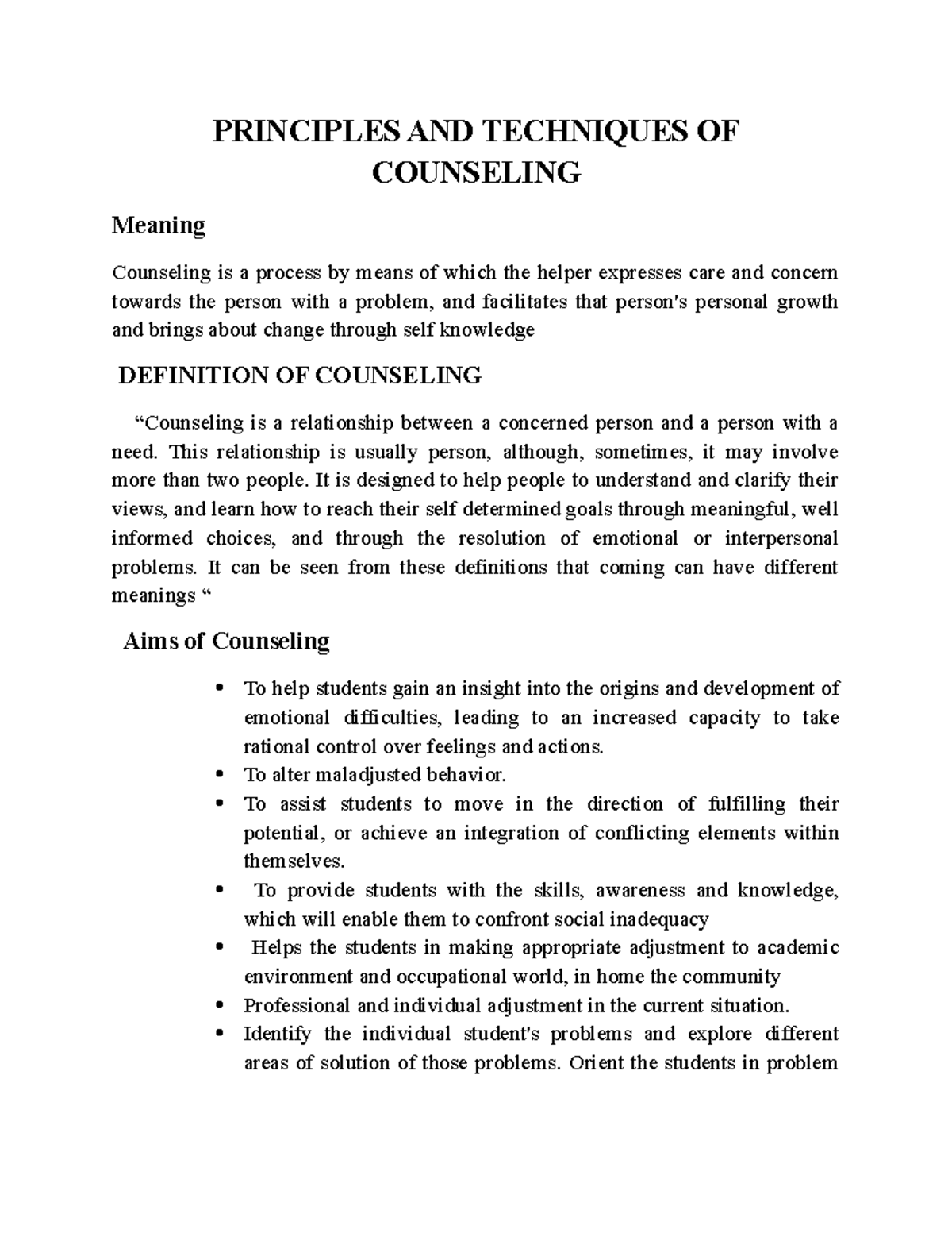 Principles & Techniques of Counseling: Key Aims and Methods - Studocu