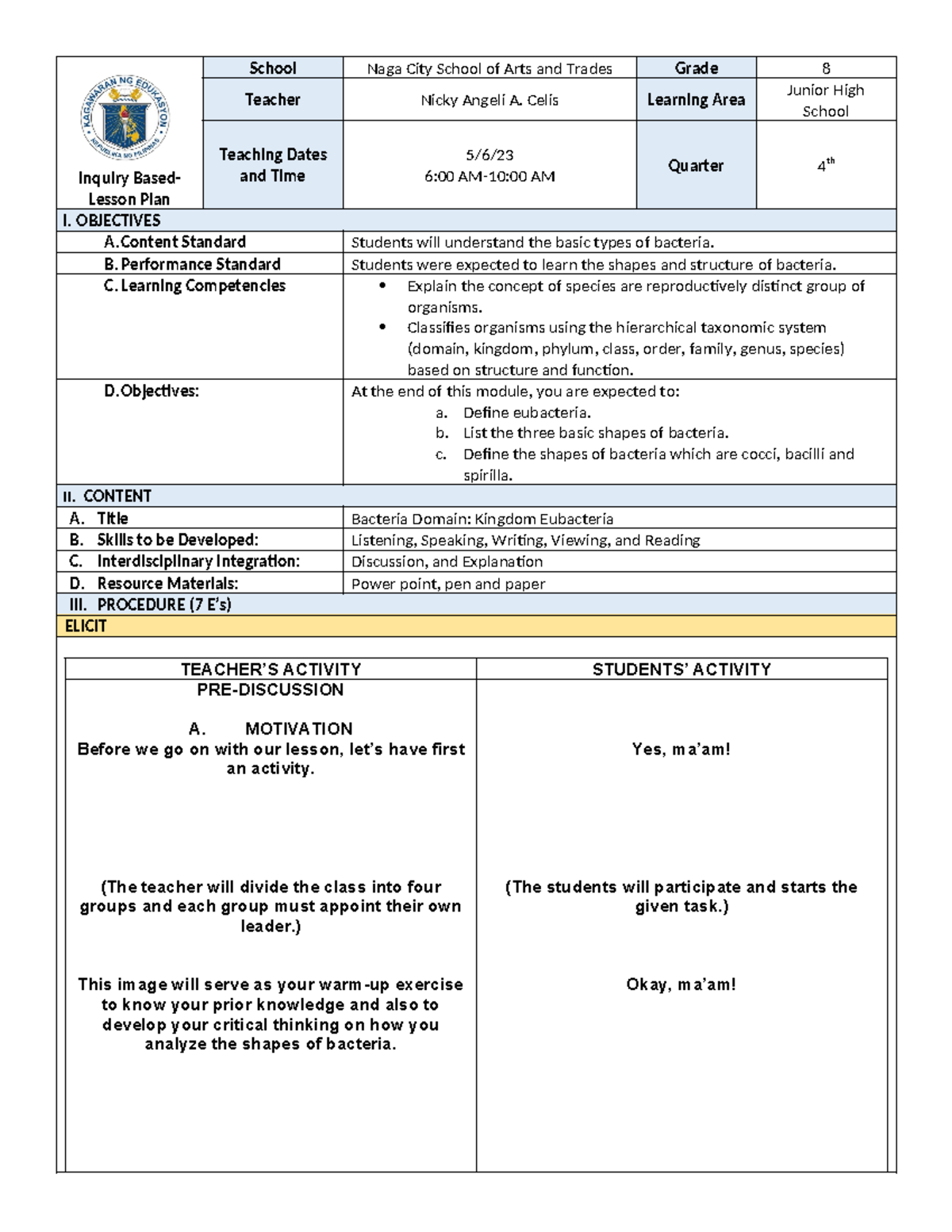 Bacteria Domain - Inquiry Based- Lesson Plan School Naga City School of ...