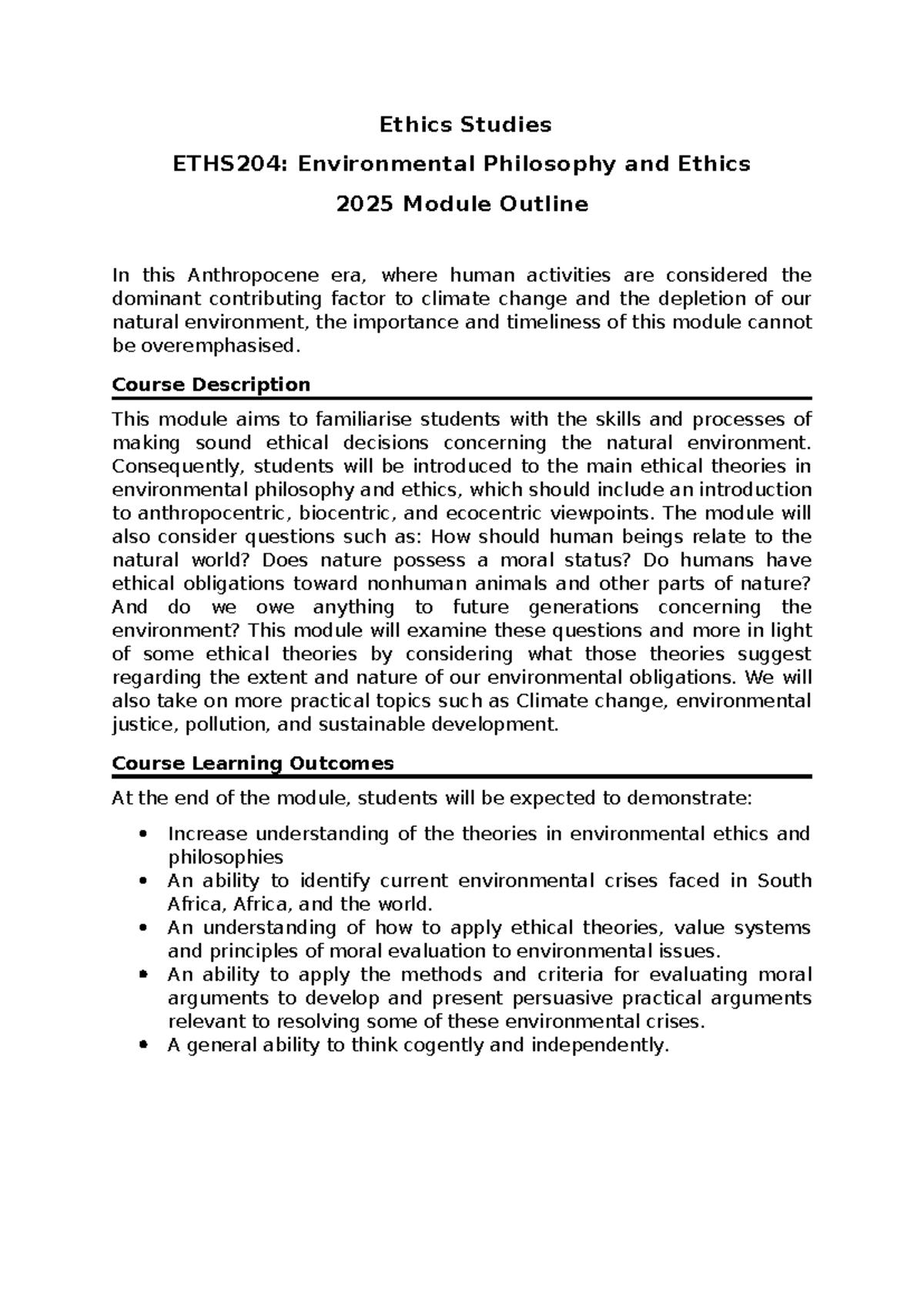 Ethics Studies ETHS204: Environmental Philosophy & Ethics 2025 Course ...