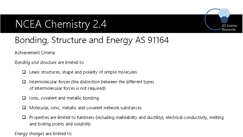 NCEA Chemistry 2.4 Bonding, Structure & Energy Notes - Studocu