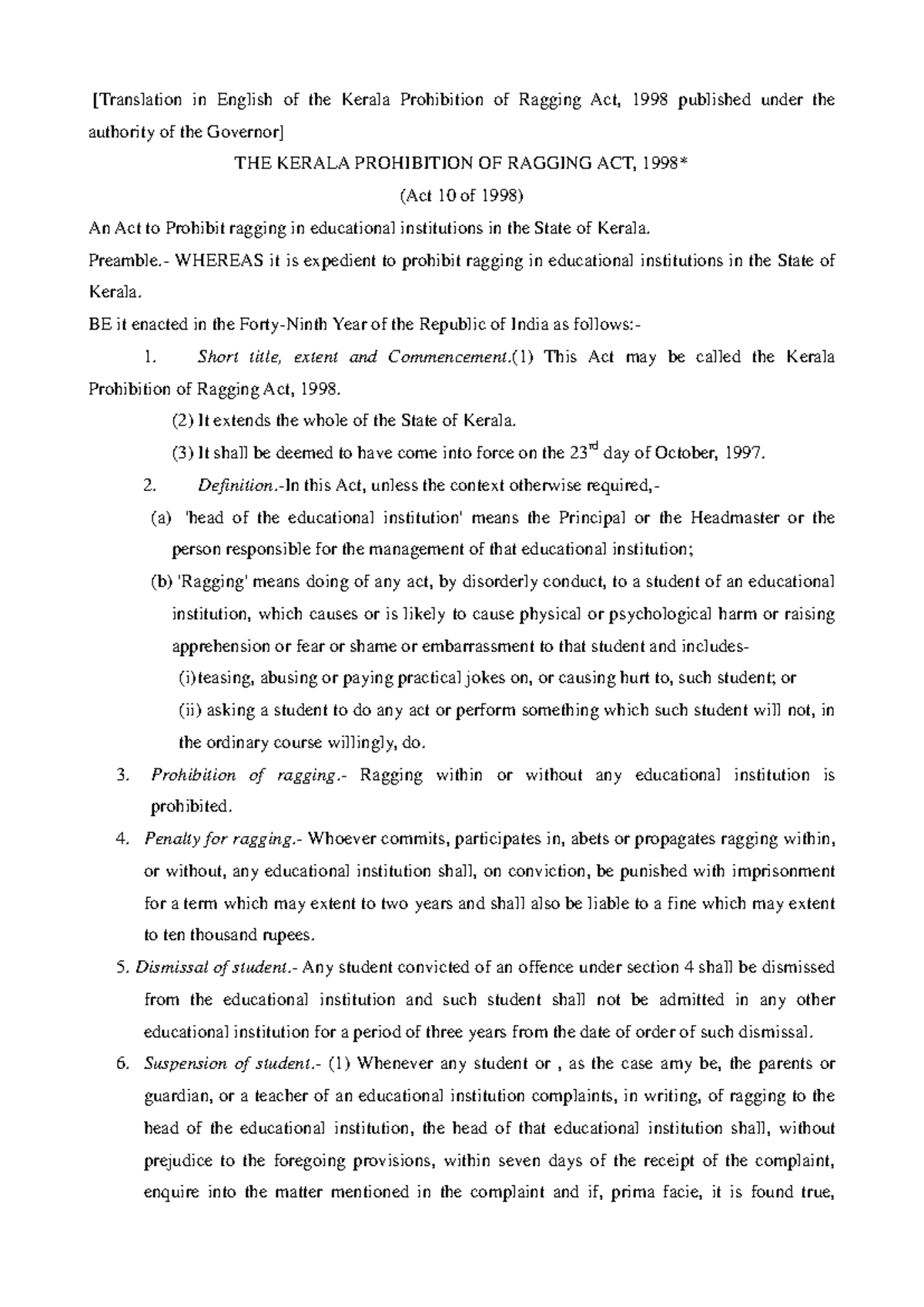 The Kerala Prohibitionof Ragging Act - Preamble.- WHEREAS it is ...