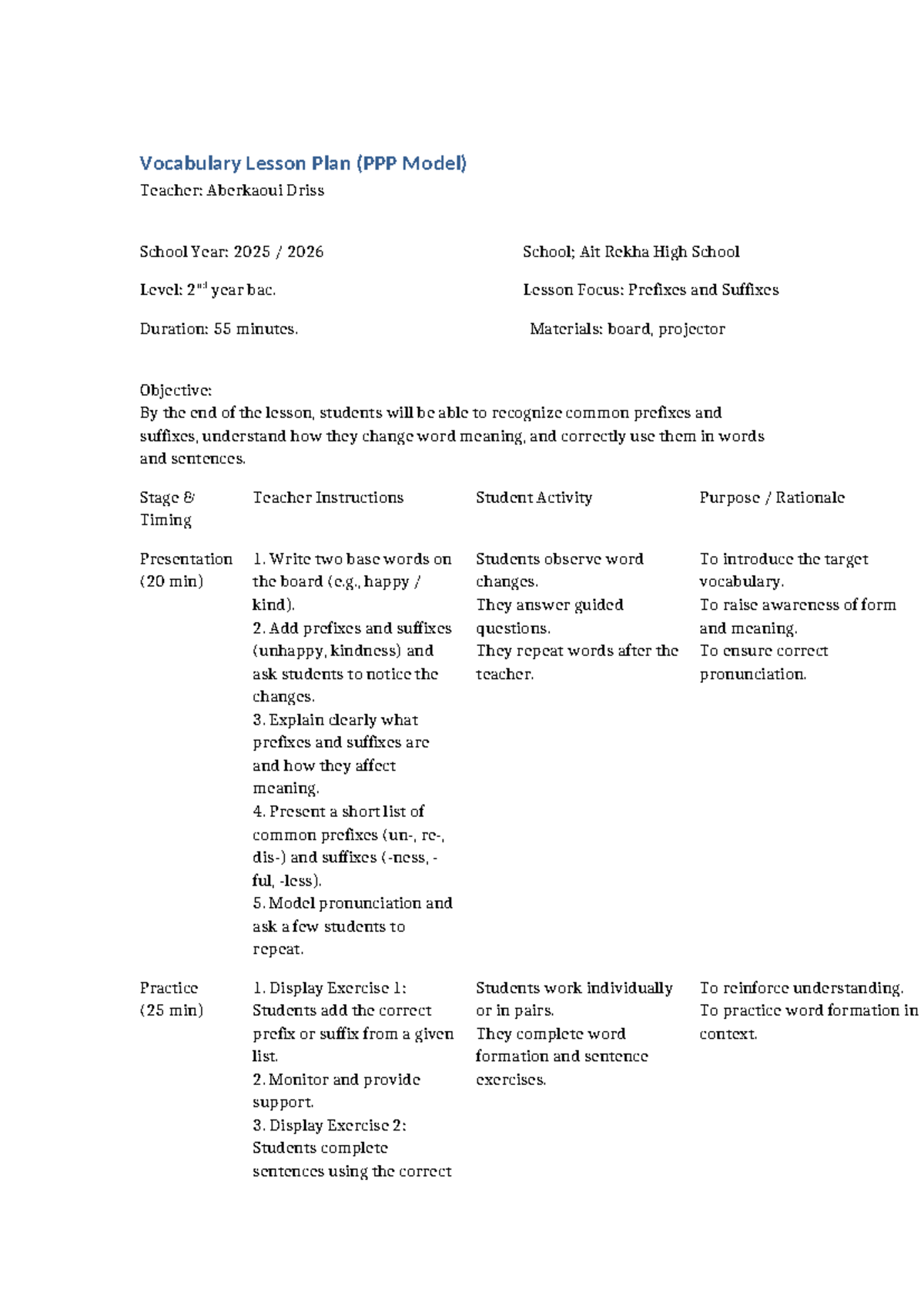 Prefixes and Suffixes Lesson Plan (2nd Year Bac) - Studocu