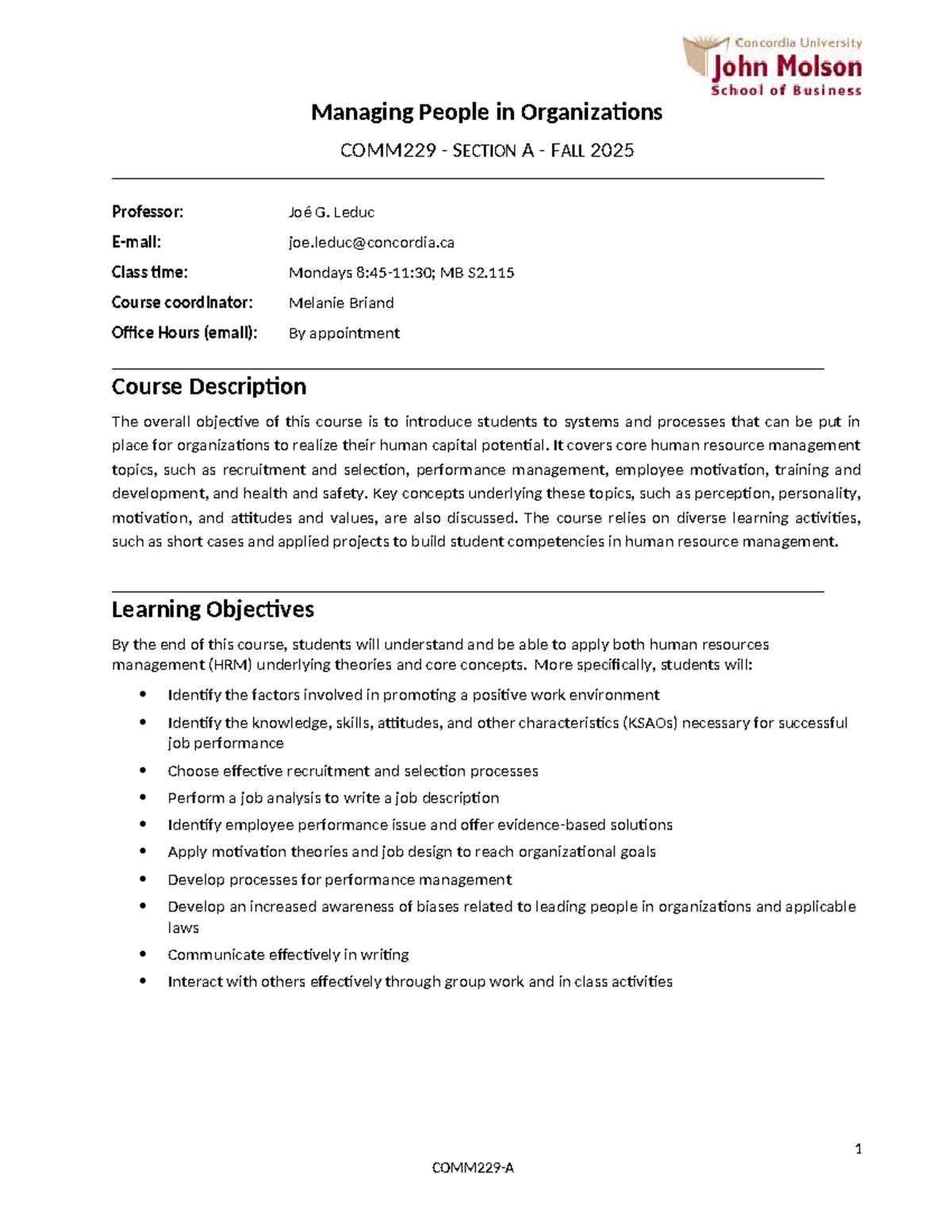 Course Outline: Managing People in Organizations COMM229 F2025 - Studocu