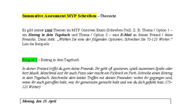 Summative Assessment MYP Schreiben Übersicht 2: Tagebucheintrag Tipps ...