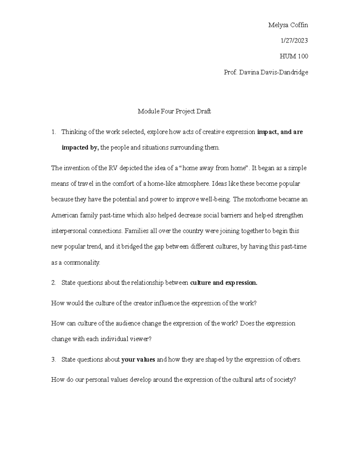 Module Four Project Draft Melysa - Melysa Coffin 1/27/ HUM 100 Prof ...