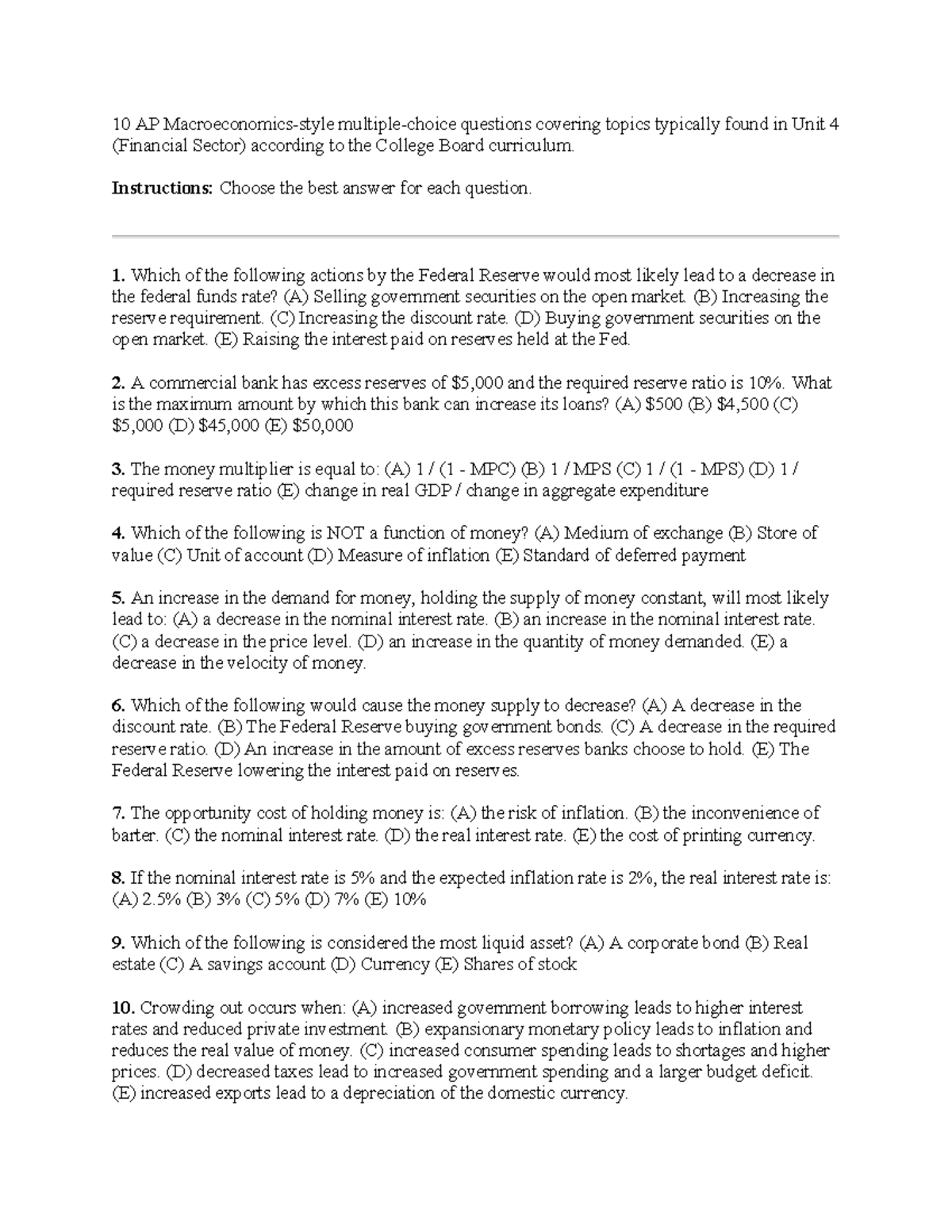 AP Macroeconomics - Unit 4 Practice Questions and Answers - Studocu