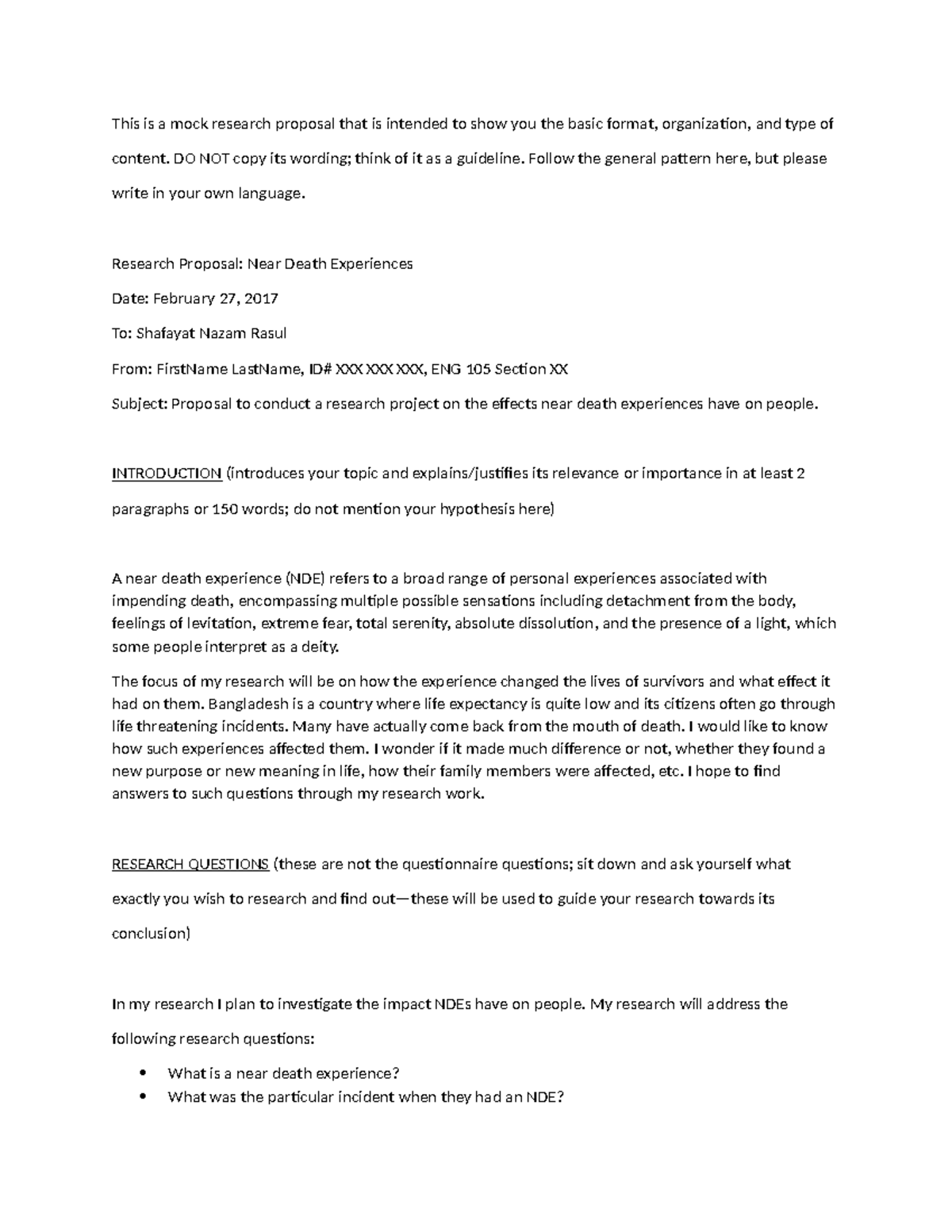 Proposal sample - This is a mock research proposal that is intended to ...