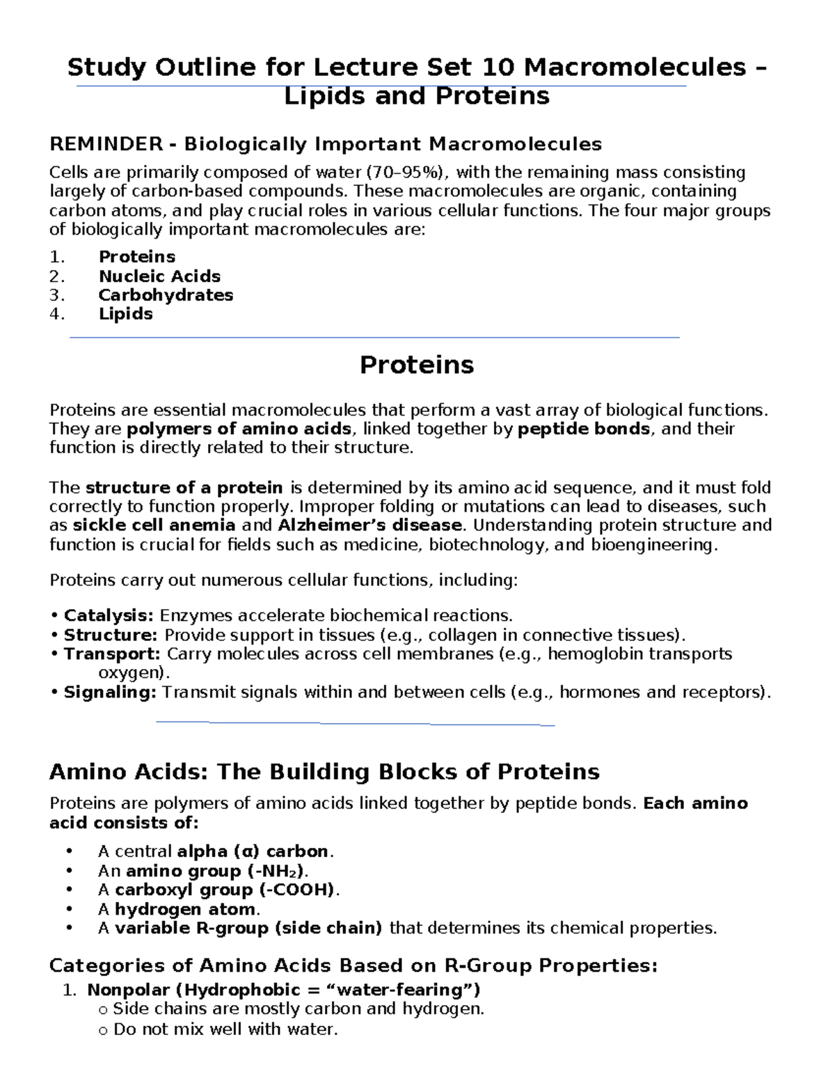 Lecture Outline: Macromolecules - Focus on Lipids & Proteins (Set 10 ...