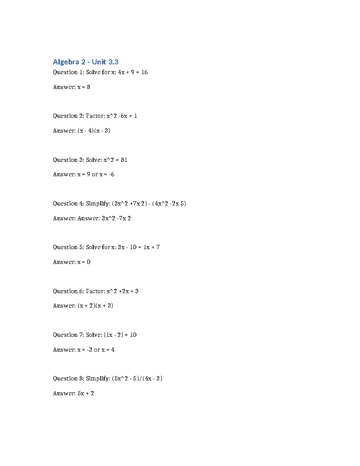 Algebra 2 Unit 3 - Homework assignment for unit 3.3 alg 2 - Answer: (x ...