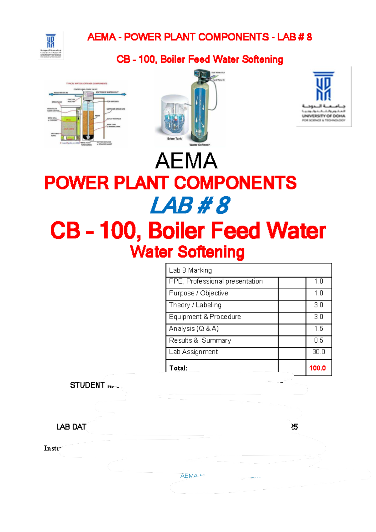 AEMA 2325 Lab 8: Boiler Feed Water Softening Report - Studocu