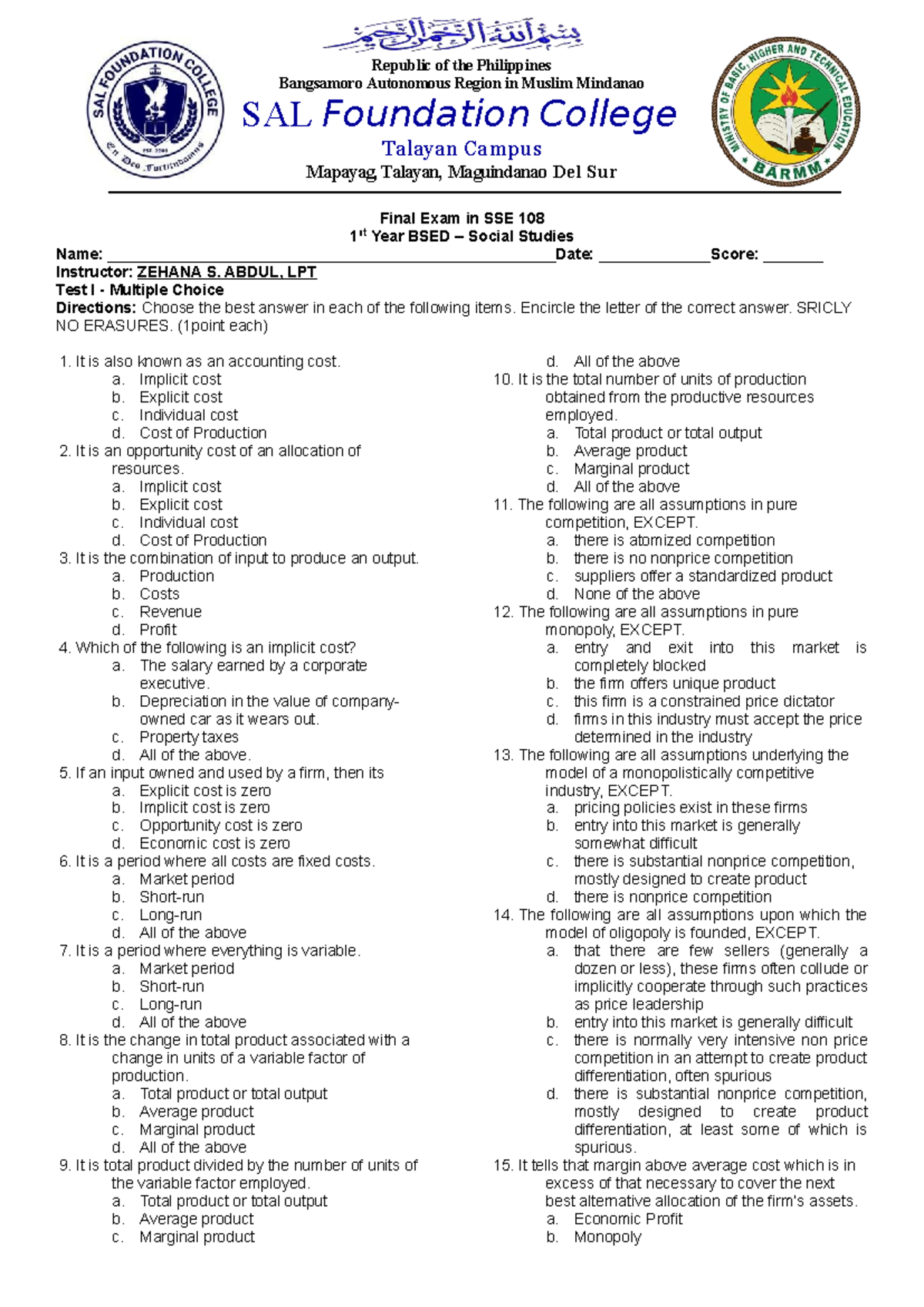 SSE 108 - Final Exam Review for 1st Year BSED Social Studies - Studocu